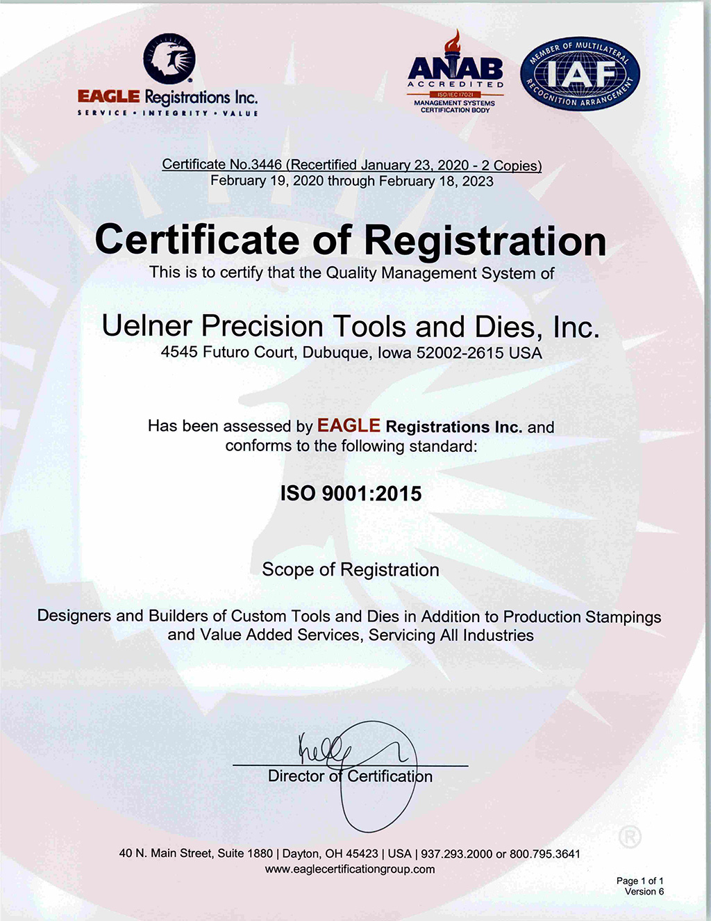 Uelner Precision Tools & Dies | Certifications